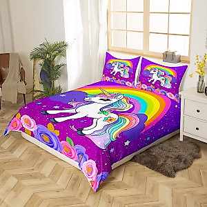 Cute Unicorn Kids Duvet Cover Set Twin Size,Rainbow Stars Cloud Dreamy Bedding Set,Girls Women Room Decor,Cartoon Animals Roses Castle Comforter Cover,Pink Purple Romantic Quilt Cover,1 Pillowcase