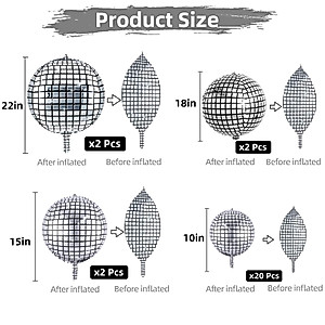HYHJBLN 26Pcs Disco Ball Balloons Different Sizes- 4D Large Disco Balloons 22 18 15 10 Inch Metallic Silver Disco Mylar Foil Balloons Round Balloons for 70s 80s 90s Disco Themed Party Decor Supplies