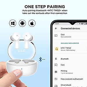 HTC True Wireless Earbuds 1 Bluetooth 5.3 Earphones, in-Ear Headphone ENC Noise Cancellation Transparent Space Capsule, 32-Hour Playtime/Built-in Microphone/Touch Control -Crystal White
