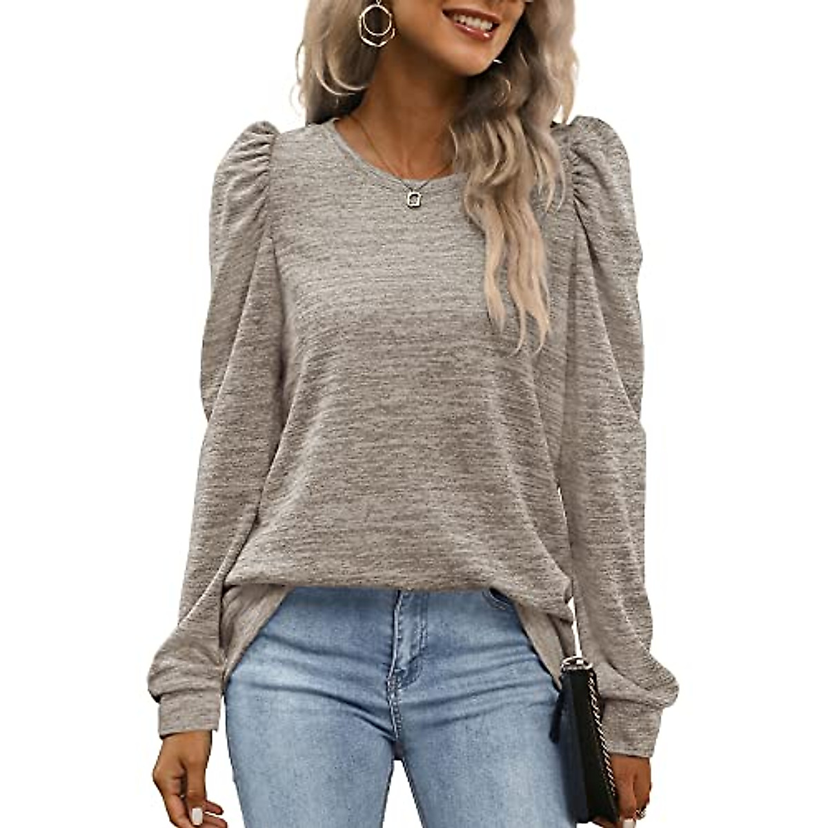 Sweaters for Women 2024 Fall Crew Neck Tunic Tops Sweatshirts Fashion Clothes Khaki L
