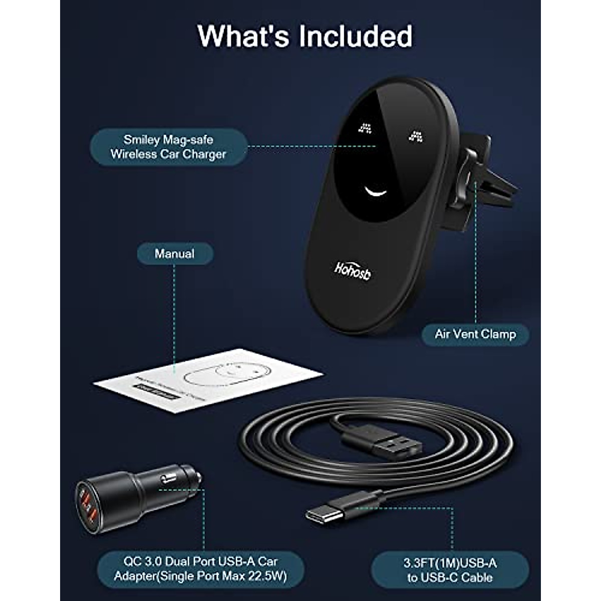 Hohosb Fits Mag-Safe Car Mount Charger,Magnetic Wireless Car Charger Compatible with iPhone 14/13/12 Series,Fast Charging Auto-Alignment Air Vent Phone Holder,Car Accessories-Black