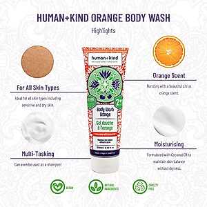 Human+Kind Body Wash - Natural, Moisturizing Body Soap with Coconut Oil - A Gentle, Soothing Cleanse for Dry, Sensitive Skin - Three Fresh Scents: Orange, Grapefruit, and Apple and Herbs - 8.45 oz