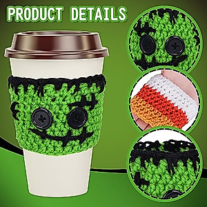 Whaline Halloween Knitted Coffee Sleeves Green Monster Knitted Coffee Sleeves Reusable Handmade Crochet Coffee Tea Mug Warmer Hand Protector for Women Men Paper Cups, 2 Designs