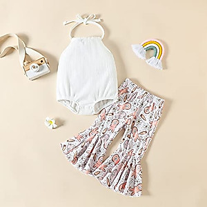 YOKJZJD Infant Baby Girl Easter Outfit Knitted Sleeveless Romper T-Shirt Tops Bunny Bell Bottom Pants Set Summer Clothes (White, 6-12 Months)