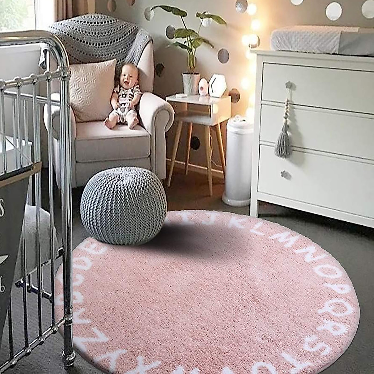 Lahome ABC Pink Round Rug for Girls Bedroom - 3ft Washable Small Classroom Rug Non Slip Alphabet Rug, Circle Nursery Rug for Kids Room, Cute Furry Plush Shaggy Crawling Play Mat for Children Toddlers