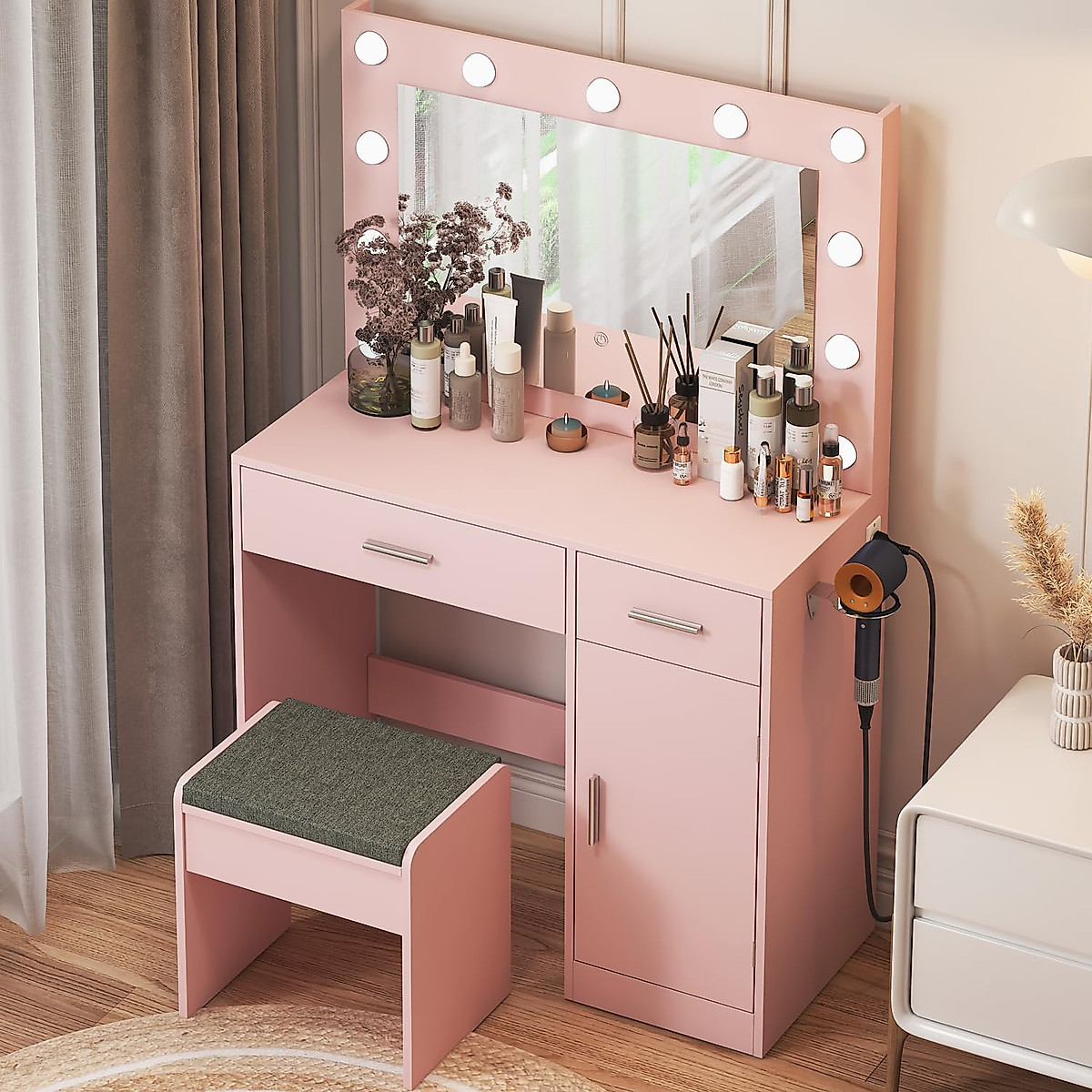 Viaozutis Vanity Desk with Mirror and Light, Large Drawer Power Socket with 11 Light Bulbs, 3 Adjustable Lighting Modes, Bedroom Vanity Table (Pink)