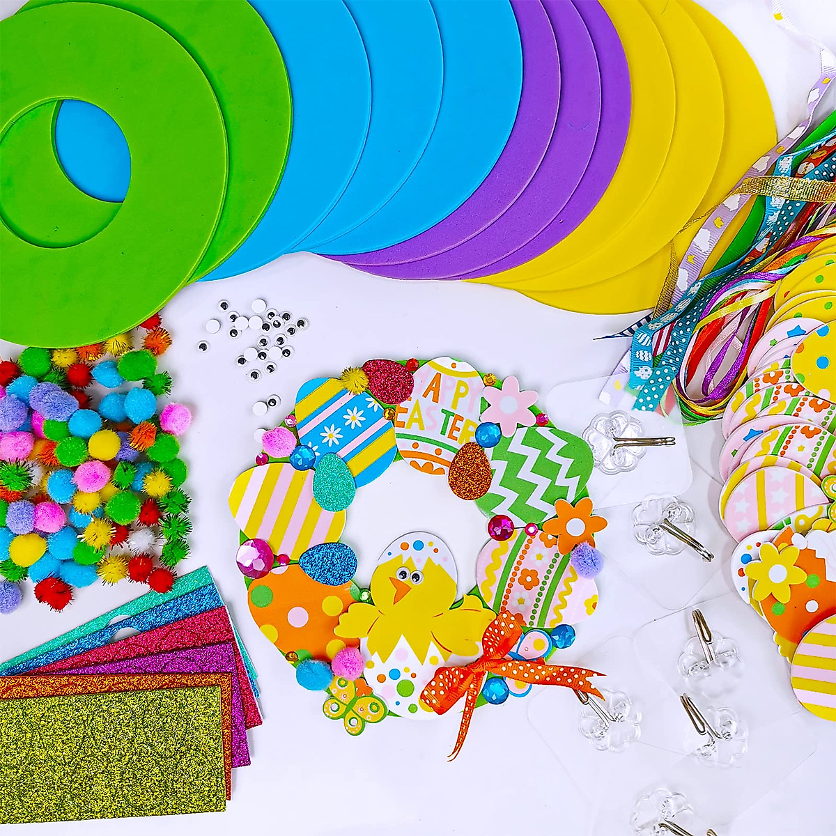 12 Sets Easter Wreath Signs Decorations DIY Foam Easter Craft Kits Easter Eggs Bunny Chick Foam Stickers Pom-Poms Googly Eyes for Kids Classroom Home Activity Art Project Gift Easter Front Door Décor