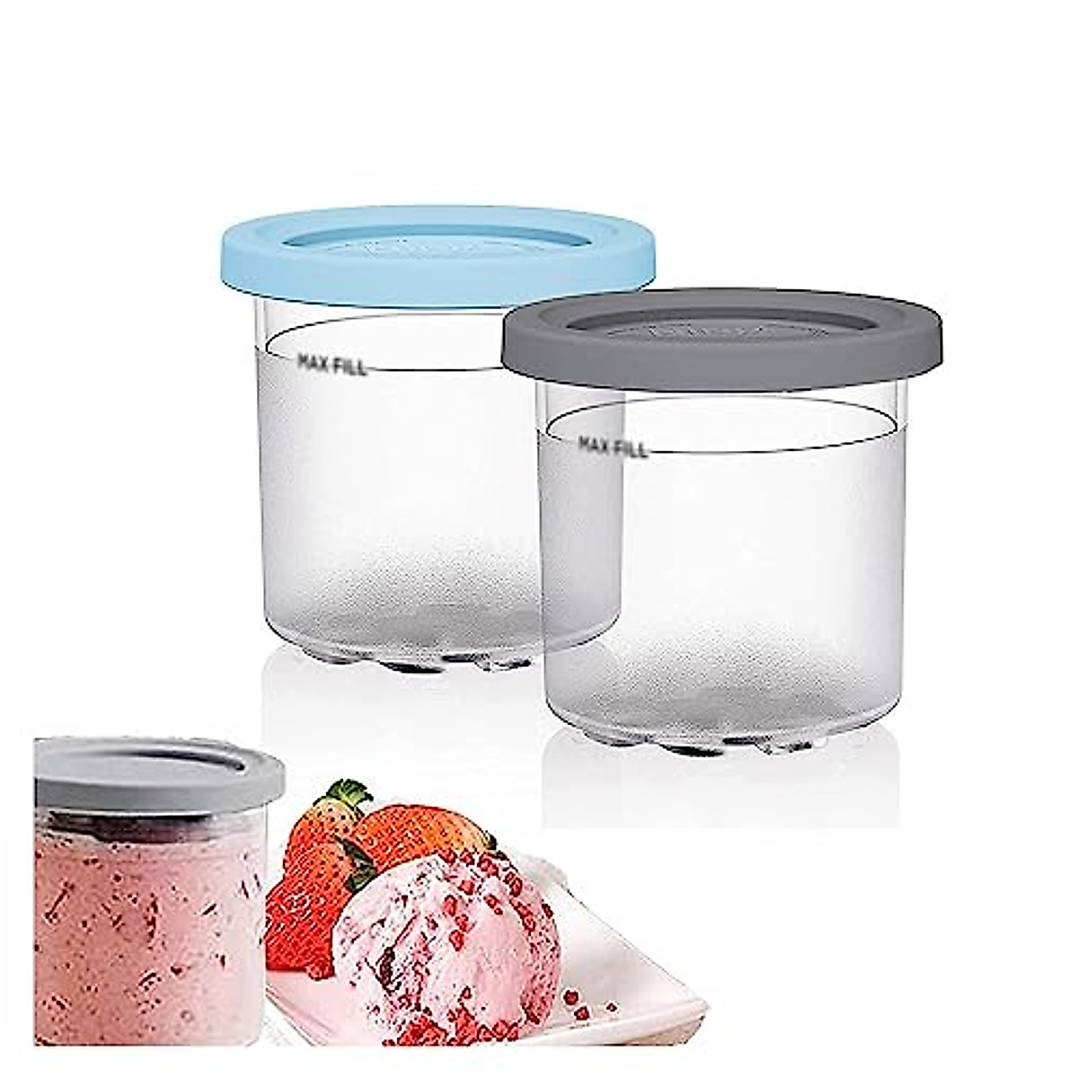 EVANEM 2/4/6PCS Creami Deluxe Pints, for Ninja Creami Pint,16 OZ Creami Pint Containers Airtight,Reusable for NC301 NC300 NC299AM Series Ice Cream Maker,Gray+Blue-2PCS
