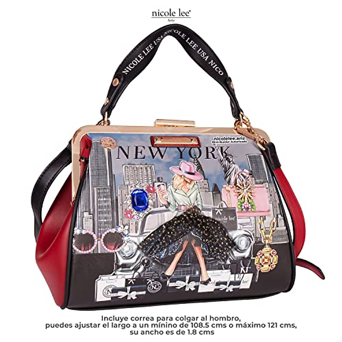 Nicole Lee Success in New York Handbag, Push Lock Closure, Embellished NYC City Bag with Optional Crossbody Strap