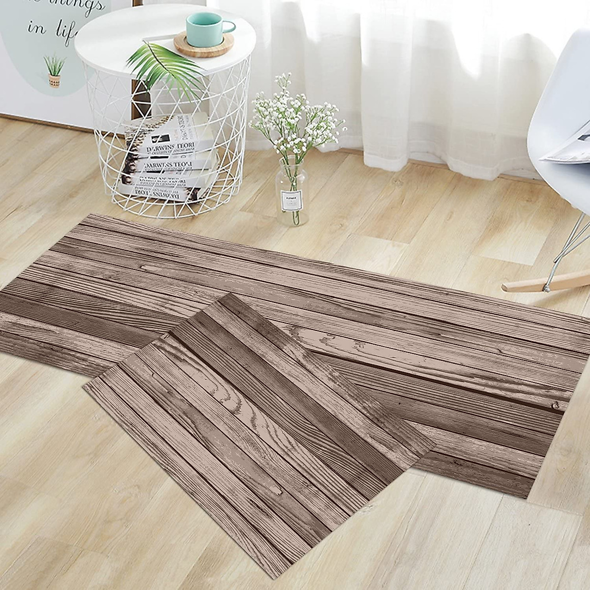 GUBIYU Set of 2 Kitchen Rugs and Mats Country Wooden Kitchen Rugs Washable Rustic Floor Planks Brown Wood Textures Bathroom Rugs Runner Farmhouse Style Walnut Oak Grain Decorative Kitchen Floor Decor