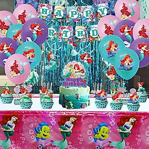 Ariel Birthday Party Supplies, Party Decorations Set Include Banner, Tablecloth, Balloons, Hanging Swirls, Cake Cupcake Toppers for Girls Little Mermaid Party Decorations