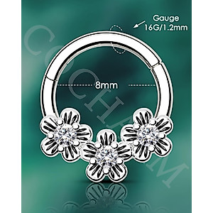 COCHARM 16g Flower Cute Daith Piercing Jewelry Surgical Steel Clear CZ Daith Earrings Hypoallergenic Septum Rings for Women