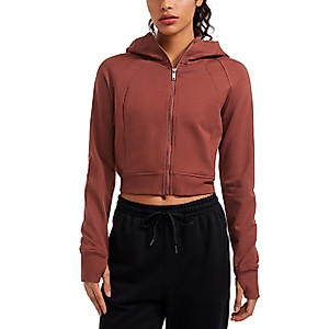 CRZ YOGA Womens Fleece Zip Up Cropped Hoodie Workout Jacket Athletic Casual Long Sleeve Sweatshirts with Thumb Holes Jujube Brown Large