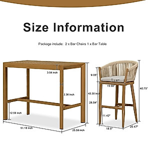 PURPLE LEAF 3 Pieces Outdoor Bar Height Stools Set Patio Aluminium Modern Wicker Bar Chairs and High Top Bar Table for Balcony Garden Indoor Kitchen Poolside Teak