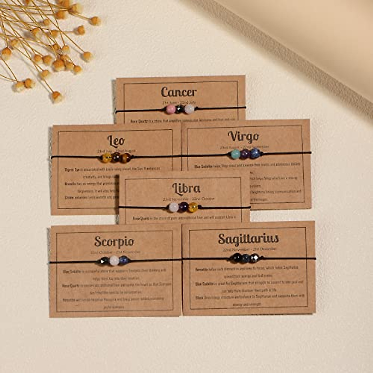 VLINRAS Zodiac Taurus Bracelets Taurus Gifts for Women Men, 6mm Natural Stone Horoscope Bracelets Healing Crystals Zodiac Sign Gifts