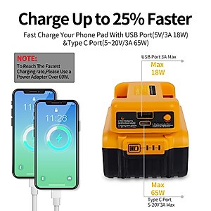Battery Adapter Compatible with Dewalt 18V/20V Battery Adaptor with USB Charger & Type-C PD Power Source Charger for 20v 18V MAX Lithium Battery（Adapter Only）