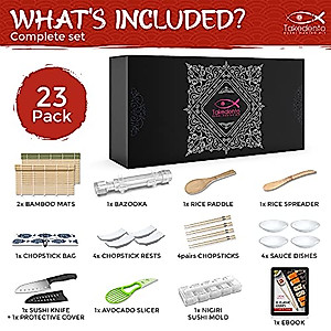 Takedento PREMIUM Sushi Making Kit – DIY Sushi Making Kit for Beginners – Transparent Sushi Bazooka – Food Grade Safe Sushi Set – Bamboo Sushi Rolling Mats – 23 Piece All You Need Sushi Making Kit