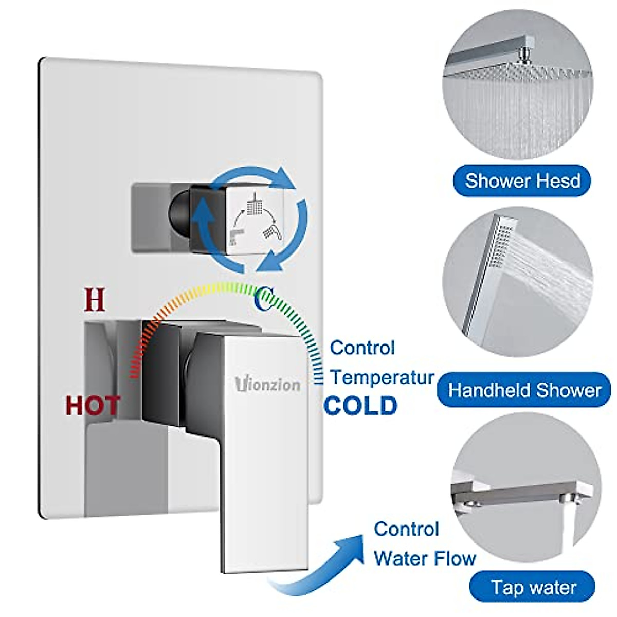 Shower System with Tub Spout, Shower Faucet Set, 10 Inch Bathroom Polished Chrome Square Rain Shower Head with Handheld Spray Wall Mounted Rainfall Shower Fixtures (Contain Tub Spout)