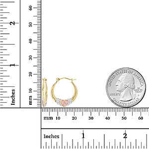 14K Gold Solid Tricolor Diamond Cut Heart Hoop Earrings For Women, 2.70x18mm
