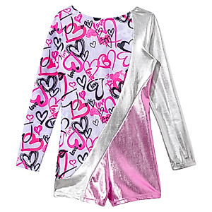 Hansber Metallic Biketard for Kids Girls Long Sleeve U Neck Shorty Leotard Gymnastics Tumebling Top Pink 12 Years