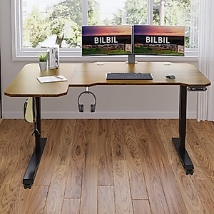 bilbil L-Shaped Electric Height Adjustable Standing Desk 59 Inches, Stand Up Rising Table for Home Office with Splice Board, Black Frame and Rustic Brown Top