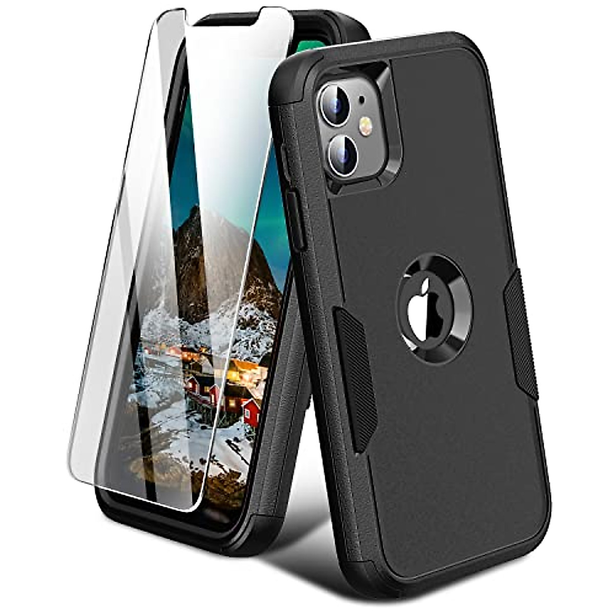 FireNova Design for iPhone 11 Case, with [Tempered Glass Screen Protector][Shockproof] [Dropproof],Protective Heavy-Duty 3 in 1 Tough Rugged Non-Slip Protective Phone Case Cover,6.1 Inch,Black