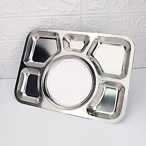 Hacaroa 4 Pack Stainless Steel Divided Dinner Plates, 15x10.6 Inches Snack Serving Plate with 6 Compartment, Metal Food Trays for Adults, Diet Food Portion Control, Picky Eaters