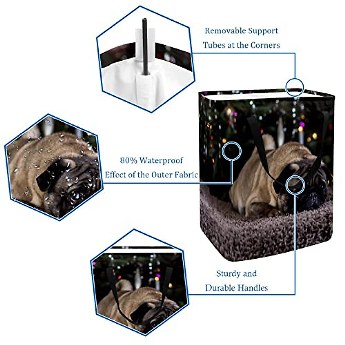 Pug Dog Print Collapsible Laundry Hamper, 60L Waterproof Laundry Baskets Washing Bin Clothes Toys Storage for Dorm Bathroom Bedroom