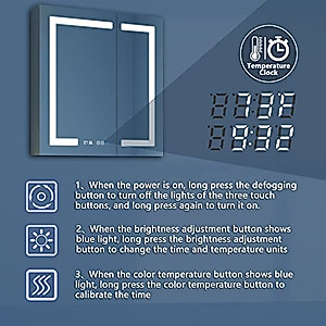 ExBrite LED Lighted Bathroom Medicine Cabinet with Mirror, 30 x 32 Inch, Recessed or Surface led Medicine Cabinet, Clock, Room Temp Display,Defog,Stepless Dimming,3-Color Temper Change, Outlets & USBs