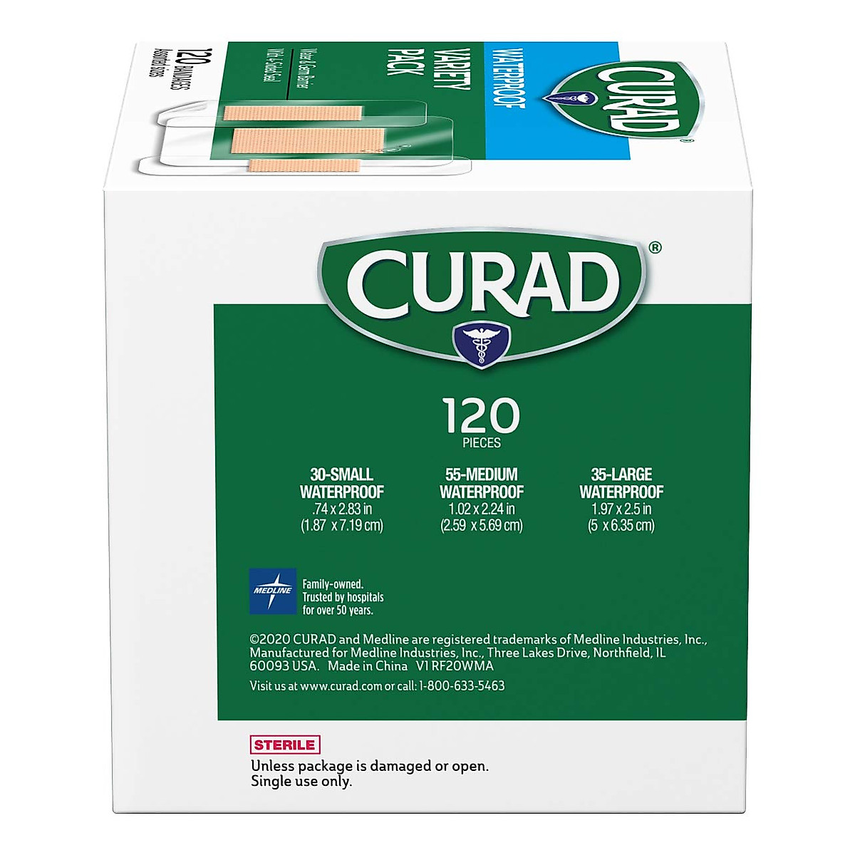 CURAD Waterproof Bandage Variety Pack, 3 Styles Included; Assorted Size, 120 Bandages