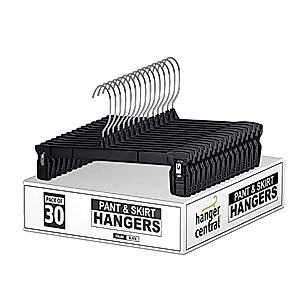 Hanger Central Space Saving 30 Pack, Heavy Duty Slim Plastic Pants Hangers, Ridged Non-Slip with Pinch Clips, 360-Rotating Chrome Swivel Hook, in Black, 10/12/14 Inch (12")