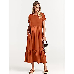 ANRABESS Women's Summer Casual Short Sleeve Crewneck Swing Dress Casual Flowy Tiered Maxi Beach Dress with Pockets 727zongse-S