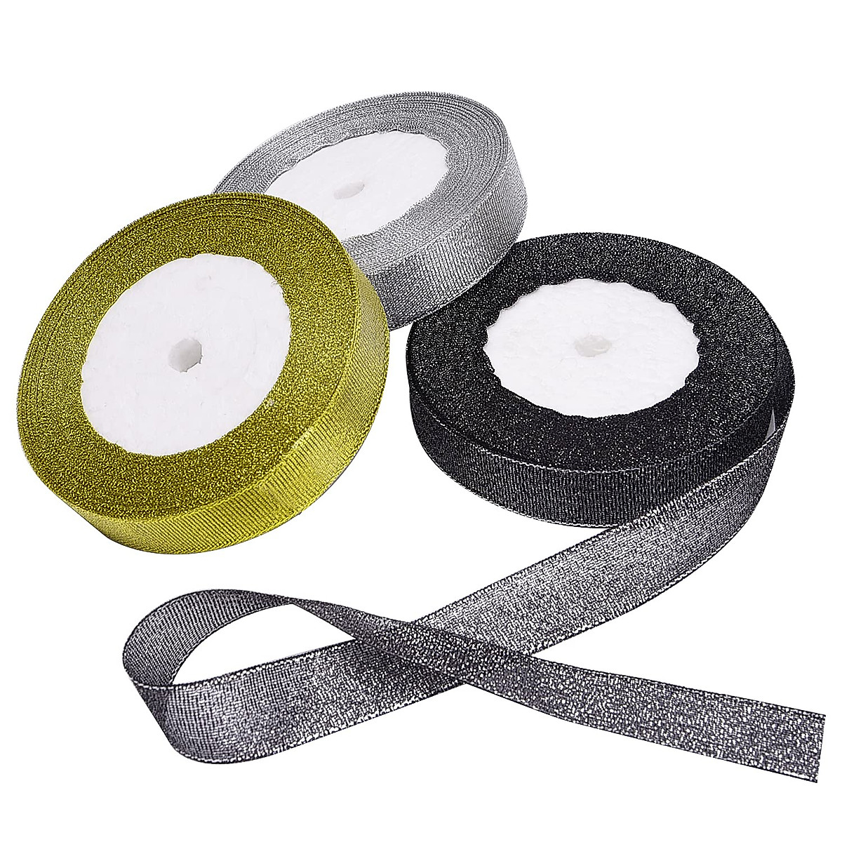 Livder 3 Rolls 75 Yards in Total Metallic Glitter Ribbon for Gift Wrapping Birthday Holiday Graduation Party Decoration (Golden, Silvery, Silver-Black)