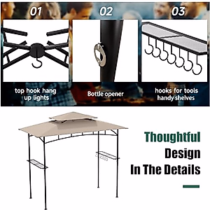 DikaSun Grill Gazebo 8 x 5 Double Tiered Outdoor BBQ Covering Canopy Shade for Patio Barbecue Gazebo Backyard Tent Shelter and 10 Hooks(Sand)
