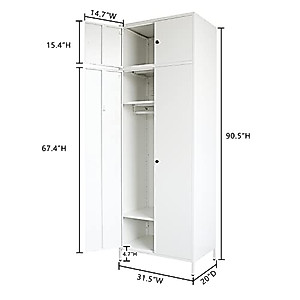 BESFUR Wardrobe Closet, Metal Armoires and Wardrobes with Adjustable Hanging Rod, Top Cabinet, 20" D*31.5" W*90.5" H - White