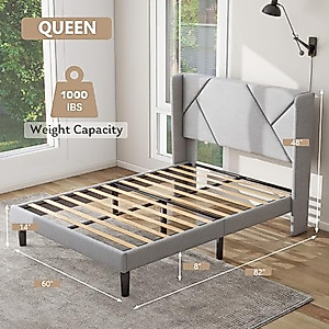 QIAYA Bed Frame Queen Size Upholstered Platform with Fabric Wingback Headboard/12 Solid Wooden Slats, Non-Slip and Noise-Free, No Box Spring Needed, Light Gray