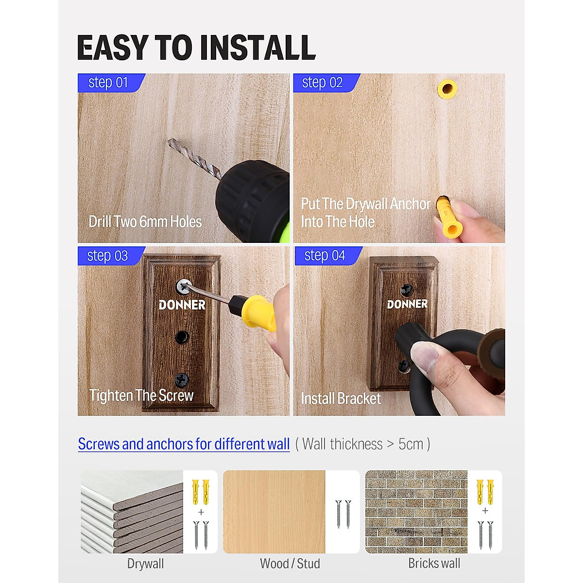 Donner Guitar Wall Mount Hanger 6-Pack, Black Walnut Guitar Wall Holder for Acoustic Electric Guitars, Bass, Folk Ukulele, Violin, Mandolin Banjo and String Instruments