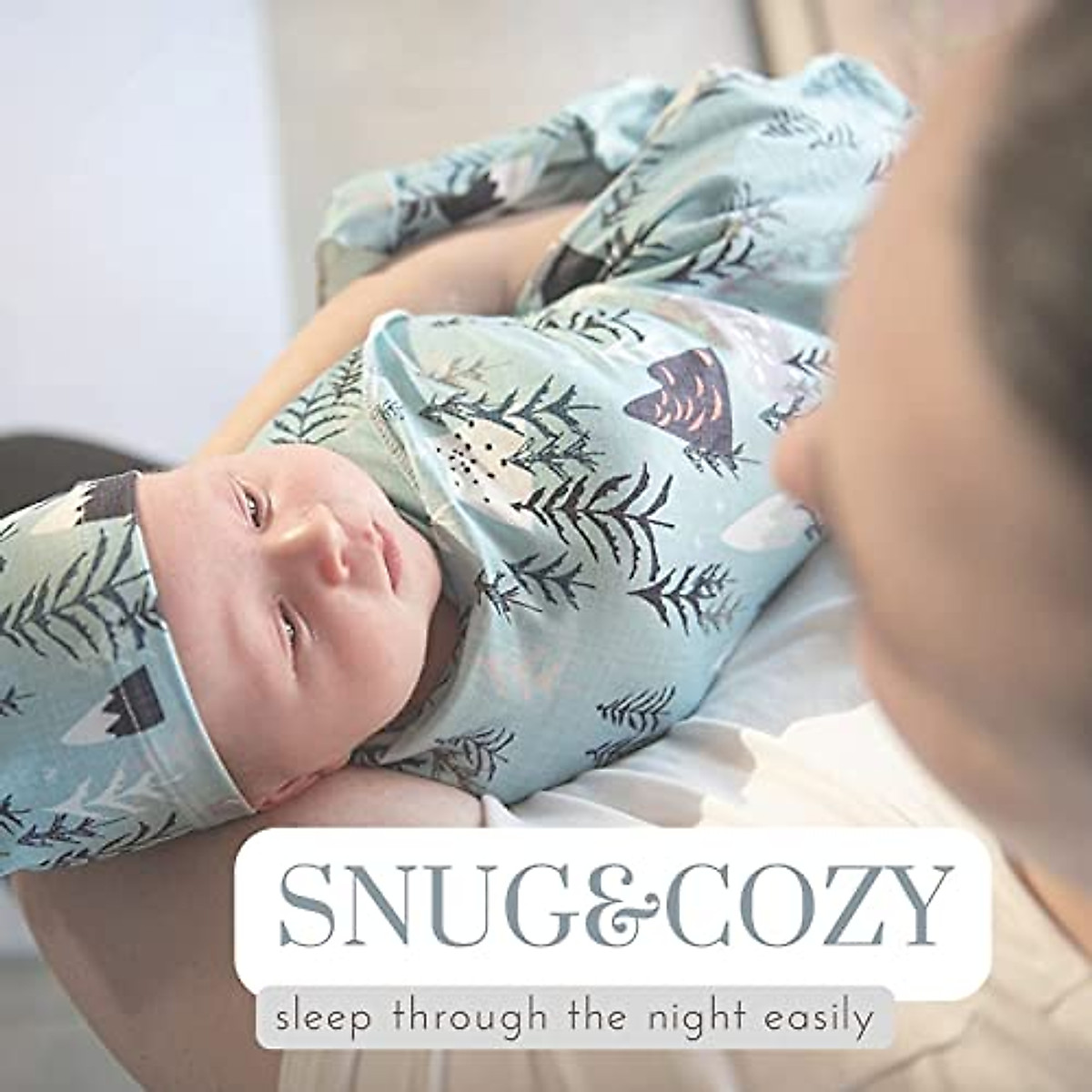 Bellasignoro Newborn Receiving Blanket Swaddle Blanket Hat Set for Baby Snug Wrap (Mountain&Tree)