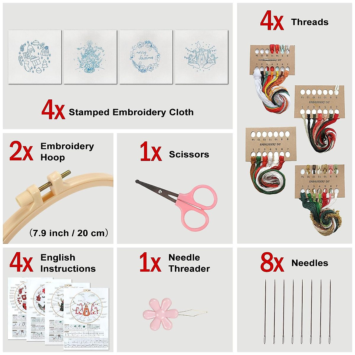 Sivilife Christmas Embroidery Starter Kit for Beginners, 4 Sets Stamped Cross Stitch Kits for Adult, Cute Sock Gift Pattern Hand DIY Kit with 2 Embroidery Hoops Instructions Color Threads and Needles