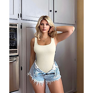 OQQ Women's 3 Piece Yoga Sexy One Sleeveless Square Neck Top BodySuit, Black Coffee Beige, Medium