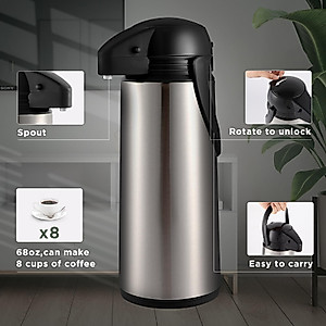 Soopot Thermal Coffee Carafe, 68Oz Coffee Dispenser, Airpot Coffee Dispenser with Pump,Stainless Steel Insulated Flask 12-14 Hours Heat Retention 12 Hours Cold Retention