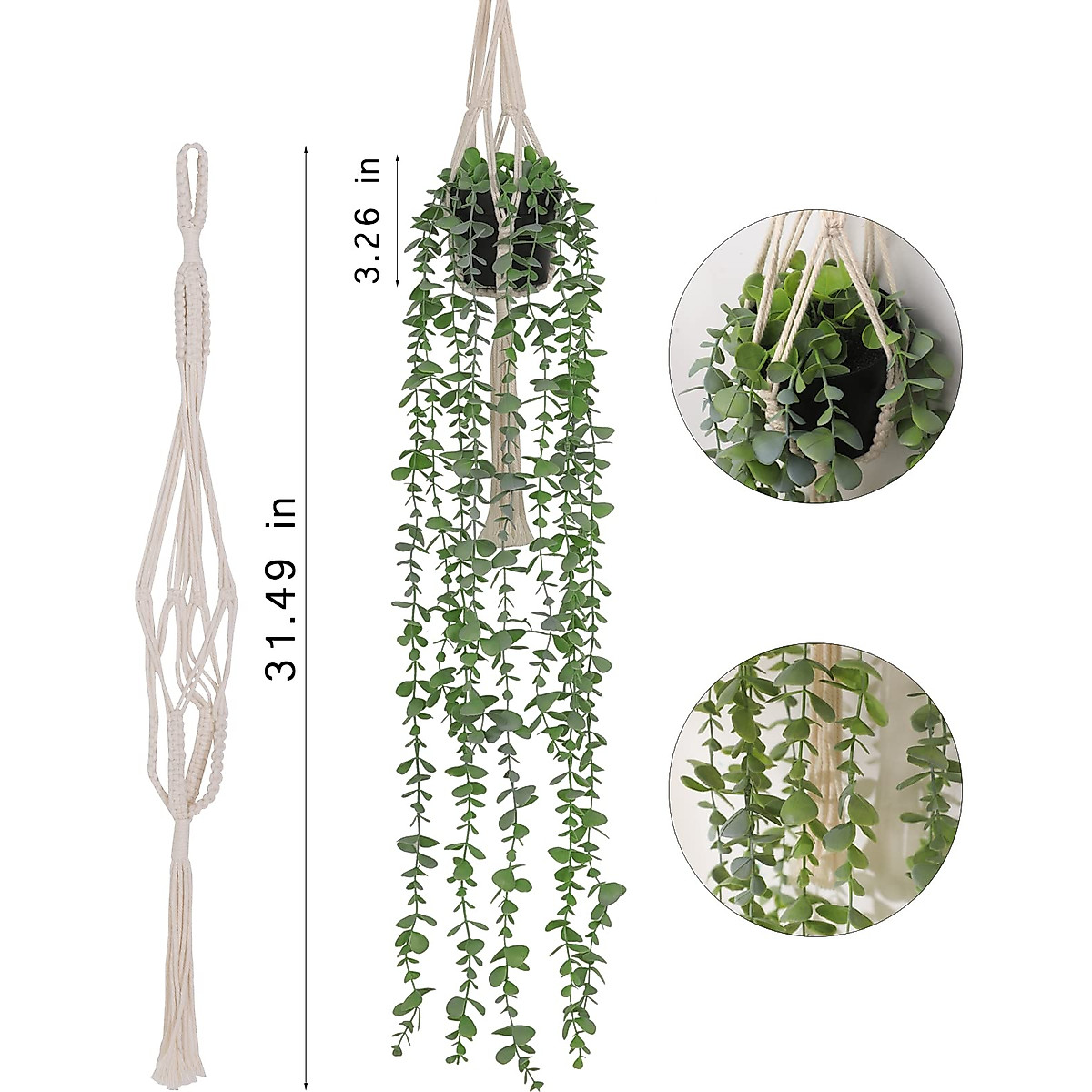 Asano Season Fake Plants Artificial Eucalyptus with Hanging Plant Hanger 2.6 FT Faux Greenery Vine Potted Plants in Black Pot and Cotton Rope for Boho Home Green House Garden Indoor Bedroom Décor