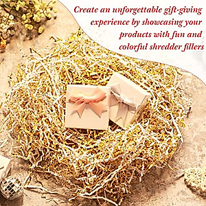 Crinkle Cut Paper Shred Filler Shredded Paper for Gift Box Crinkle Paper Metallic Shredded Crinkle Cut Paper Easter Grass Tissue Paper for Wedding Birthday Wrapping Boxes Bags (Gold White, 1 LB)