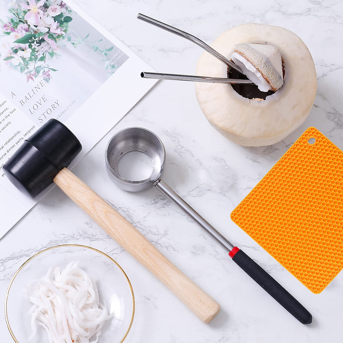 Coconut Opener Tool Set, Food Grade Stainless Steel Coco Opener Kit for Coconut Young & Mature, Coconut Shell Puncher Knife, Rubber Hammer with Wood Handle, Silicone Mat Shockproof