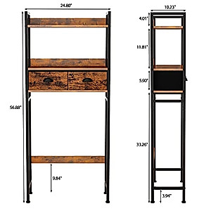 Furnulem Over The Toilet Storage Cabinet with 2 Drawers, 3-Tier Bathroom Organizer Space Saver Rack Wood Shelf, Floor Mount Above Toilet,Freestanding with Adjustable Feet (Rustic Brown)