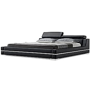 ZURI Hera Genuine Black Leather Platform Bed with Adjustable Headrests - Queen