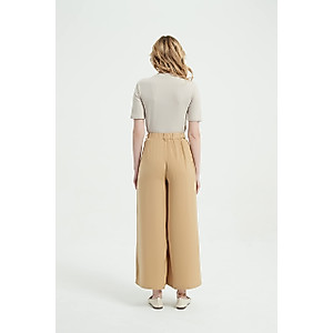 Tronjori Women High Waist Casual Wide Leg Long Palazzo Pants Trousers Regular Size(L, Sand)
