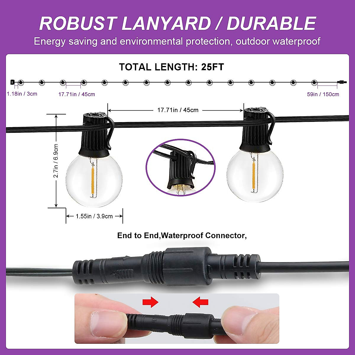 JFQSUNSINE Solar String Lights Outdoor, 25Ft 15 LED Bulbs Waterproof G40 Patio Lights, Solar Powered String Lights with USB Charging, 4 Modes for Party Patio Garden Wedding Xmas Decoration