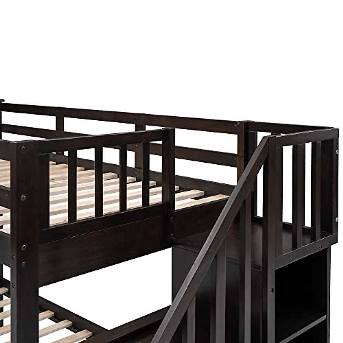 Woanke Twin Over Full Stairway Bunk Bed, Solid Wood Bed Frame with with Twin Size Trundle, Stairway, Storage and Guard Rail for Bedroom, Dorm, No Need Spring Box, Espresso