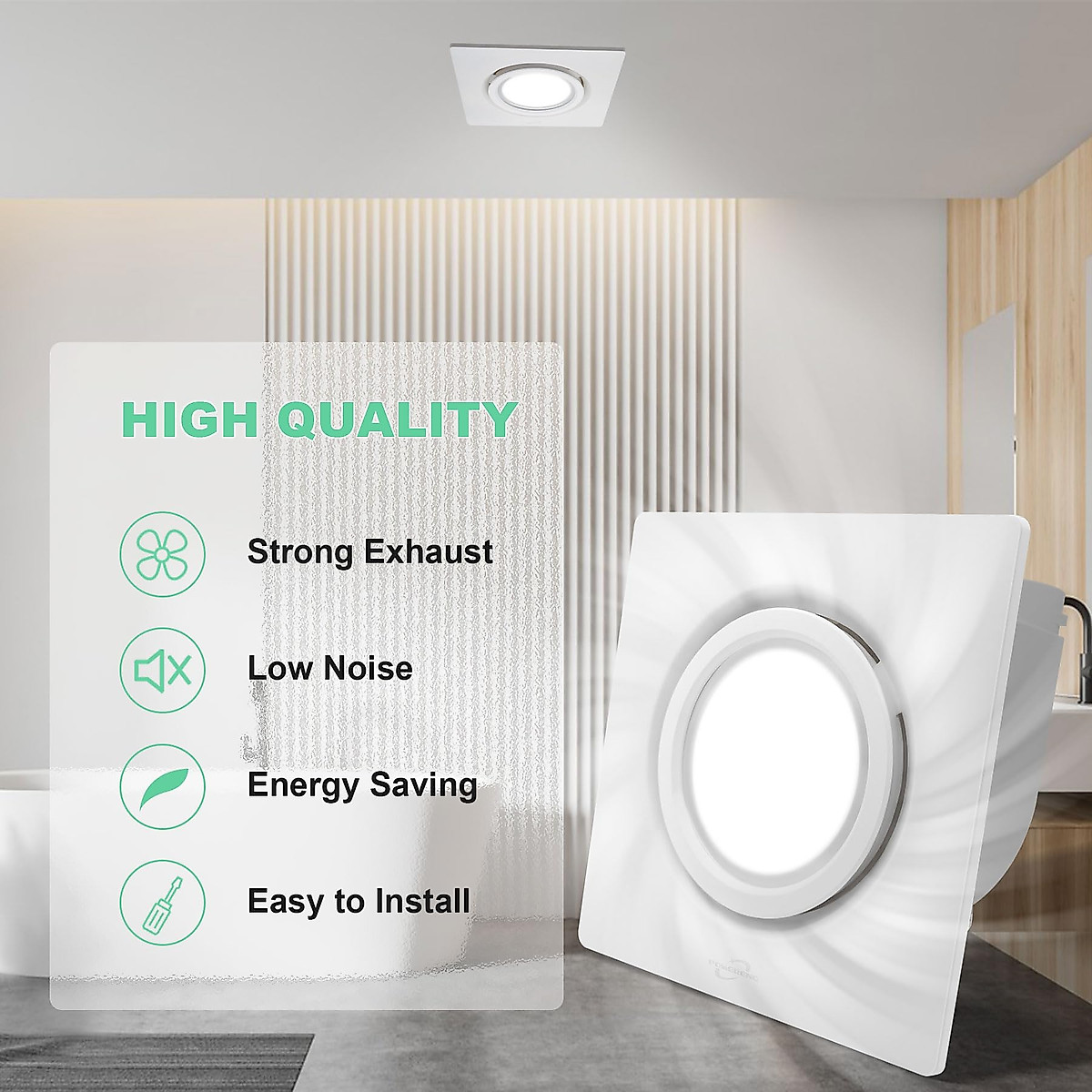 POWERENG Bathroom Exhaust Ventilation with Light,141 CFM 0.7Sones Quiet Ceiling Mount Ventilation Fan,4 Inches Duct,12W LED,White,110V Vent Fan Ceiling for Bathroom/Shower/Restroom/Home/Office